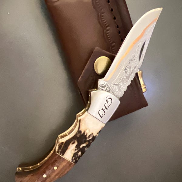 COPPER DAMASCUS HANDMADE Folding Knife, Copper Pocket Knife Ram Horn ...
