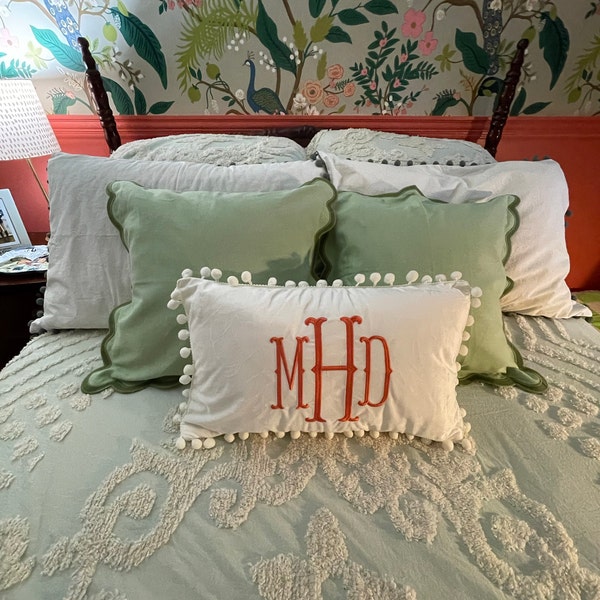Embroidered Velvet Monogram Pillow. Insert Included. 12x20 Personalized ...