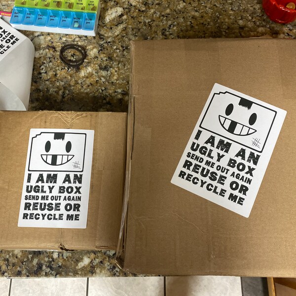 Packaging Label Ugly Box Design. Reused Box Sticker. Recycled Shipping ...