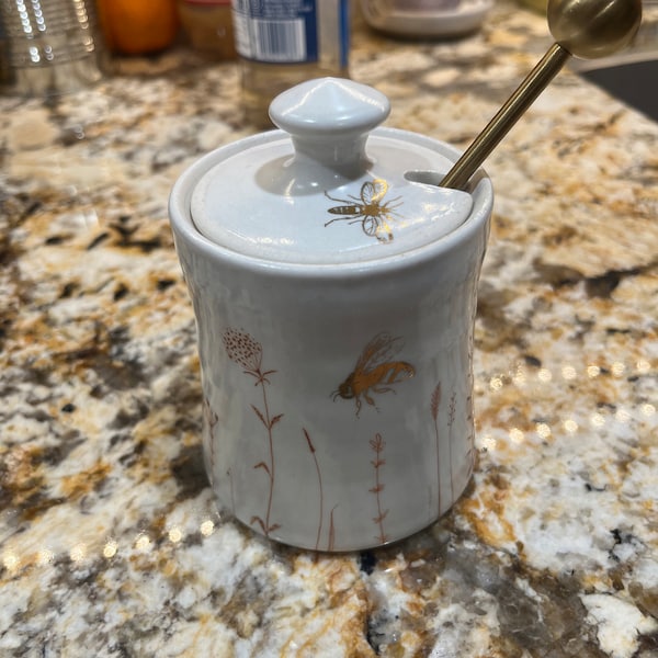Porcelain Honey Pot With Gold Bees and Honeycomb // White Ceramic Honey ...