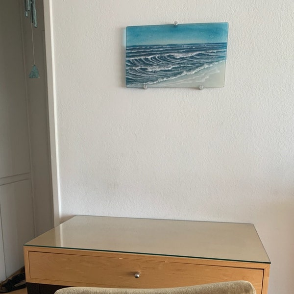Wave Fused Glass Wall Art 44x26cm(17x10"), Turquoise Blue Sea Glass ...
