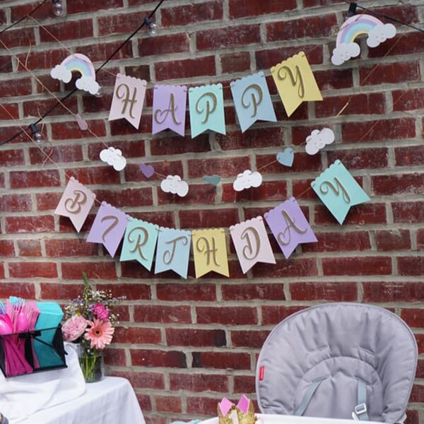 Pastel Rainbow Birthday Banner/ Rainbow Happy Birthday Banner - Etsy