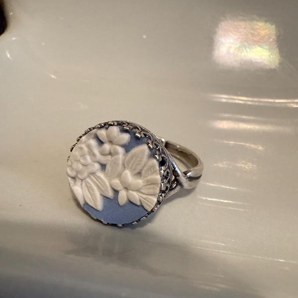 Wedgwood Flower Ring, Blue Jasperware Broken China Jewelry, Adjustable ...