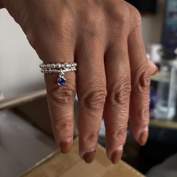 Birthstone Charm Sterling Silver Ring Stack, Personalized Ring, Handmade Jewellery, Birthday ...