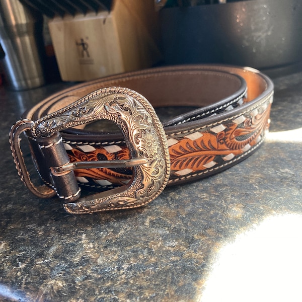 Personalized Hand Tooled Leather Buckstitch Western Belt: Floral Design ...