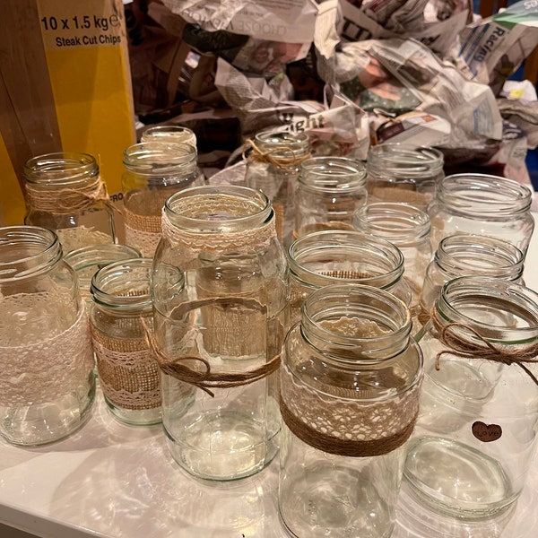 12 Jam Jar Table Centrepiece Jute Band and a Pearl Rustic/vintage Style ...