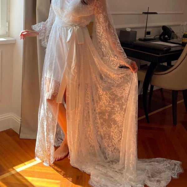 Long Lace Robe, Bridal Robe With Train, Maxi Bridal Robe, Bridesmaid ...