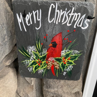 Painted Slate Sign, Winter Cardinal Welcome Sign, Slate Sign, Winter ...