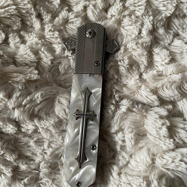 9” Pearl Cross Cute Knife Spring Assisted Open Blade Folding Pocket ...