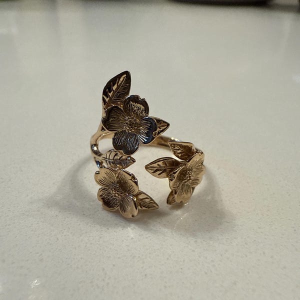 Dogwood Flower Leaf Ring Adjustable Bronze Gold Flowers Nature Easter ...