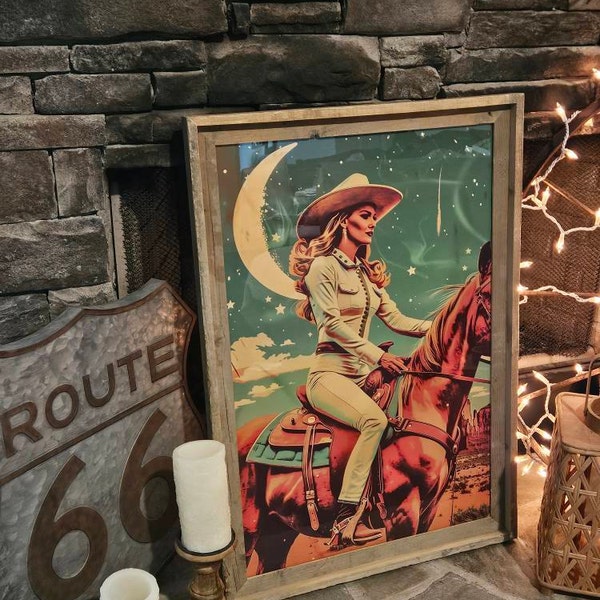 Retro Cowgirl Riding Horse Art Print Cosmic Space Cowgirl Wall Art ...