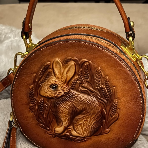 Bunny Embossed Tote, Rabbit Pattern Handbag, Retro Round Leather Women ...