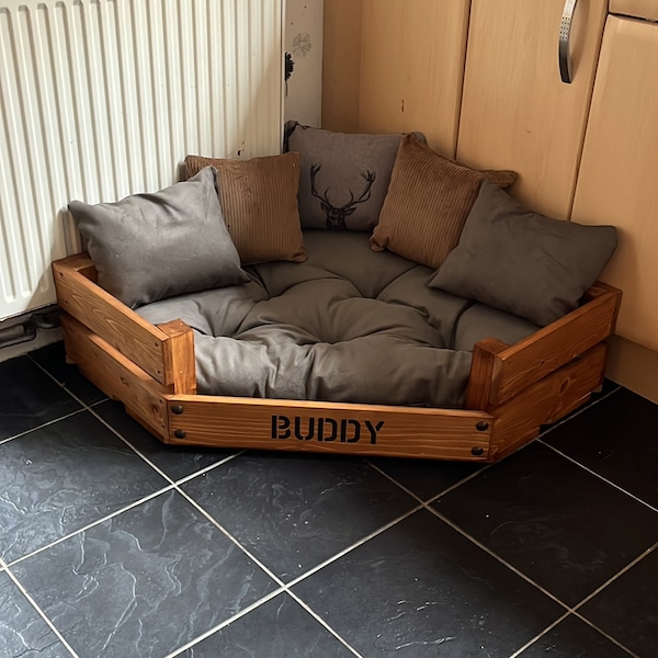 XL Personalised Rustic Grey Wooden Corner Dog Bed in Grey /black ...