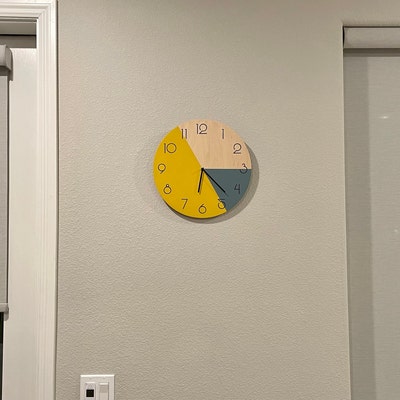 Minimalist Wall Clock With Numbers Large Wooden Clock Mustard and Gray ...