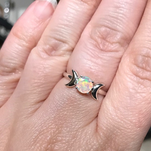 Triple Moon Goddess Ring | Hecate Ring| Natural Opal, Quartz and Blue Topaz Ring | Triple Moon ...