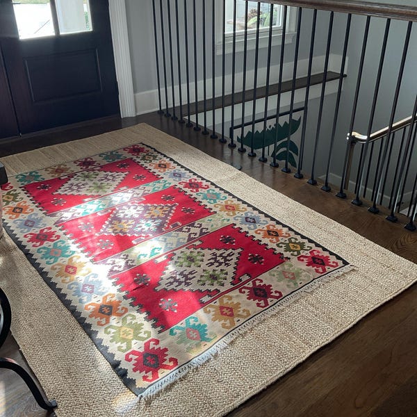 Wool and Jute Rug Handmade, Kilim Dhurrie Rug, Traditional Indian/wool ...
