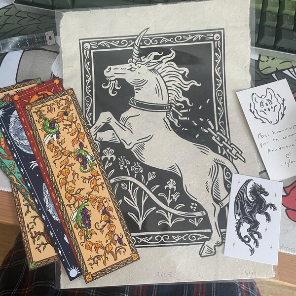 Linocut Print Original Sword & Tiny Dragon Ivory or Sun Paper - Etsy