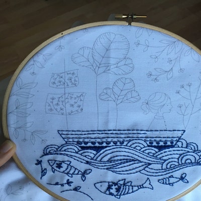 Blue Ocean Embroidery Kit DIY Kit, Blue Wall Art, Sea Blue, Hand ...