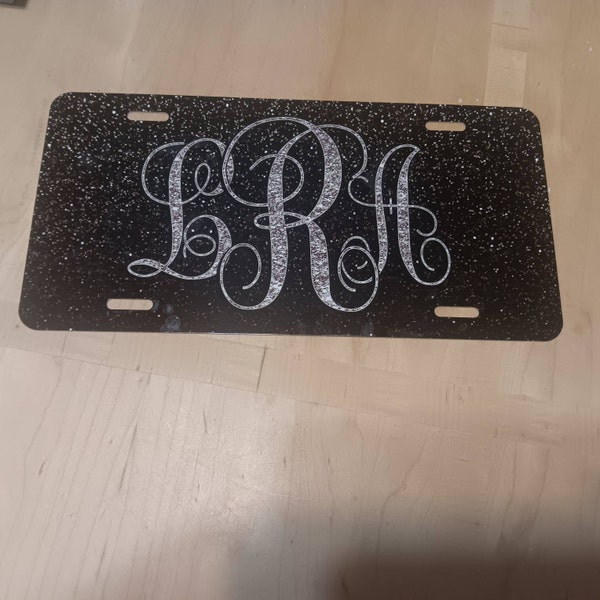 Black Glitter Monogram Printed Aluminum License Plate | Custom Plate ...