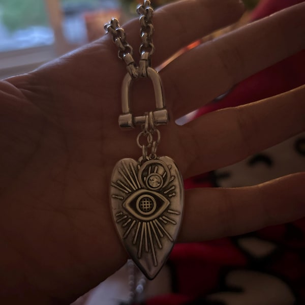 Abstract Heart Shackle Necklace - Chunky Silver Chain Evil Eye Pendant ...