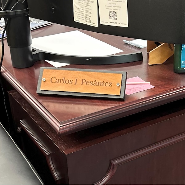 Handmade Wood & Leather Desk Name Plate, Custom - Etsy
