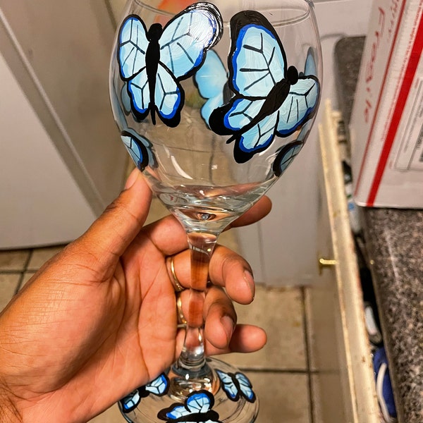 Blue Butterfly Wine Glass - Tropical Butterfly Wine Glass - Blue Morpho ...