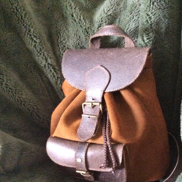 Caramel Small Backpack Suede With Dark Brown Leather Top and Pocket ...