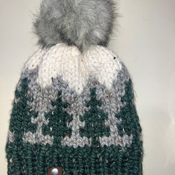 Christmas Tree Knitted Hat With Fur Pom - Green Brim/evergreen Tree Hat ...