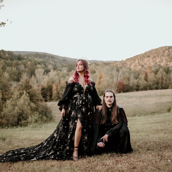 Starlight Black Unique Boho Wedding Dress by Flora & Lane Black Wedding Dress Black Tulle Dress ...