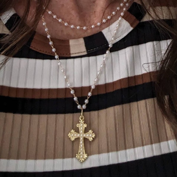 Cross Rosary Necklace/cross Necklace/tiny Pearl Necklace/layered Cross ...