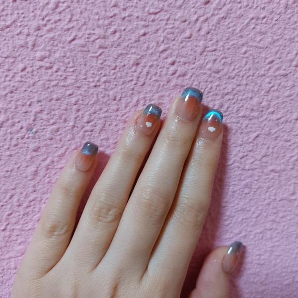 Cute Kawaii Cloud Galaxy Blue Blush Cat Eye Press on Nails | Gel Nails ...