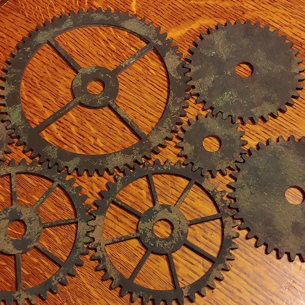 Extra Large Collection of 15 Gears and Rods - 7 Painted Patina and Rust ...