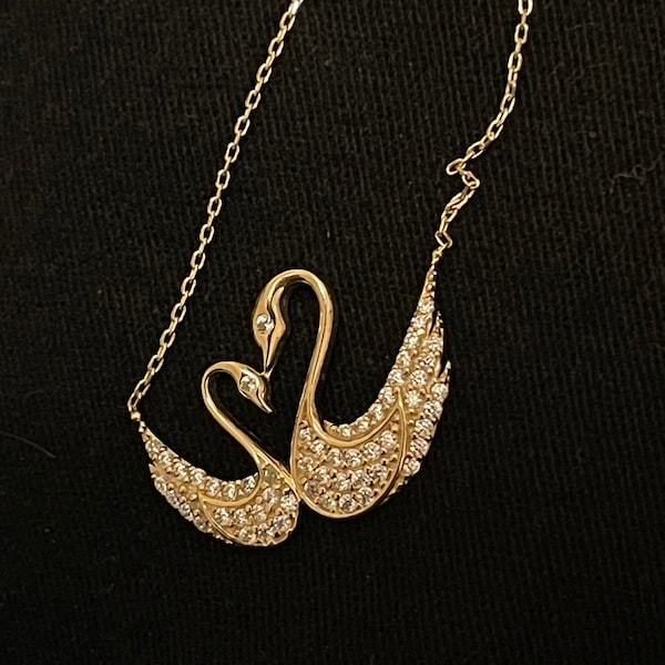 14K Gold Swan Necklace, Swan Necklace, Bird Necklace, Pair of Swans ...