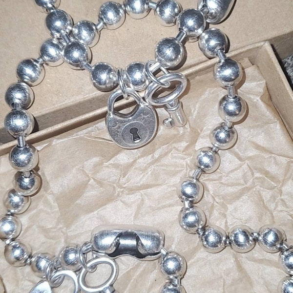 Womens Chunky Padlock and Key Ball Chain Bracelet, Silver Ball Chain ...