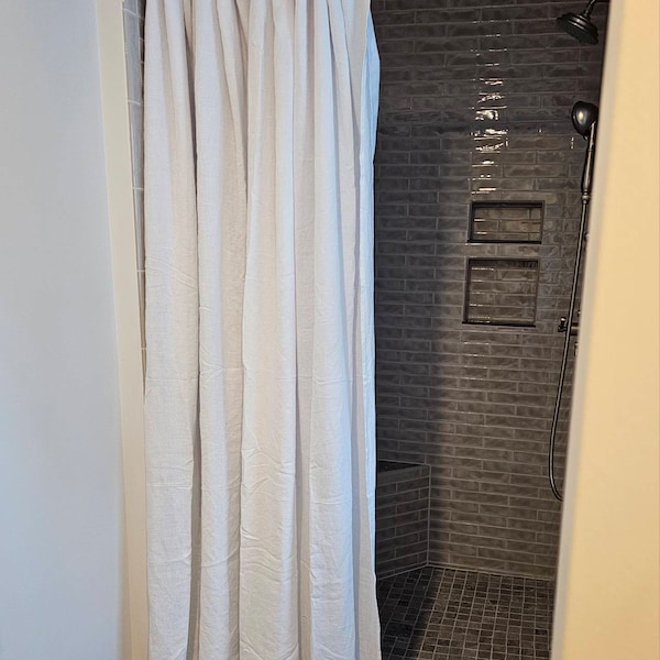 Waterproof Linen Shower Curtain With Back Tabs, Bathroom Curtain, Linen ...