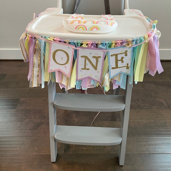 Pastel Rainbow High Chair Birthday Banner and Ribbon Garland Set ...