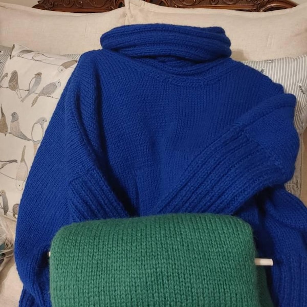 Blue Hand Knitted Sweater, Accordion Hood, Plus Size Jumper, Over Size ...
