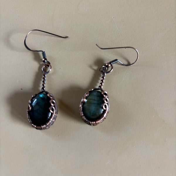 Labradorite Copper Gemstone Earrings Copper Wire Wrapped Earrings ...