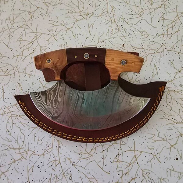 Handmade Damascus ULU Alaska Natural Caribou Antler ULU Knife Full Tang ...