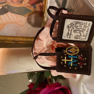 MANTLE OF MARY® Third Order Ceremonial Brown Scapulars Carmelite Crest ...