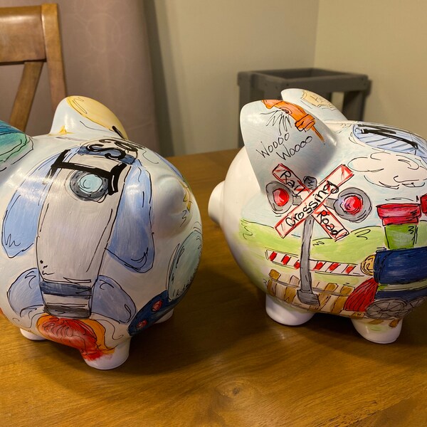 Large Personalized Train Theme Ceramic Piggy Bank for Kids, Hand ...