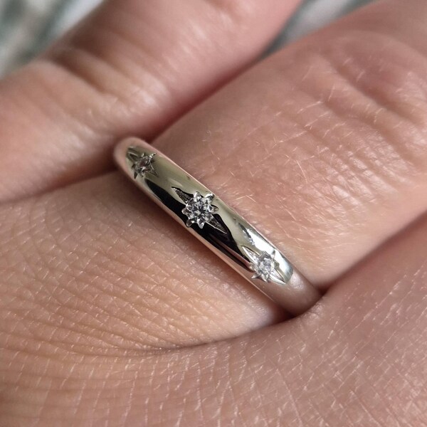 Thin Starburst Diamond Ring, Star Setting Celestial Ring, Gold Ring ...