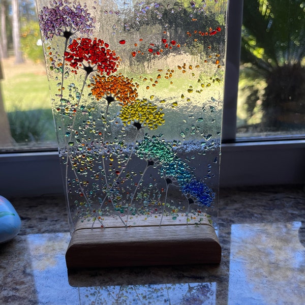 Whimsical Bright Rainbow Flowers Fused Glass Art Picture Sun Catcher & Wooden Display Stand - Etsy
