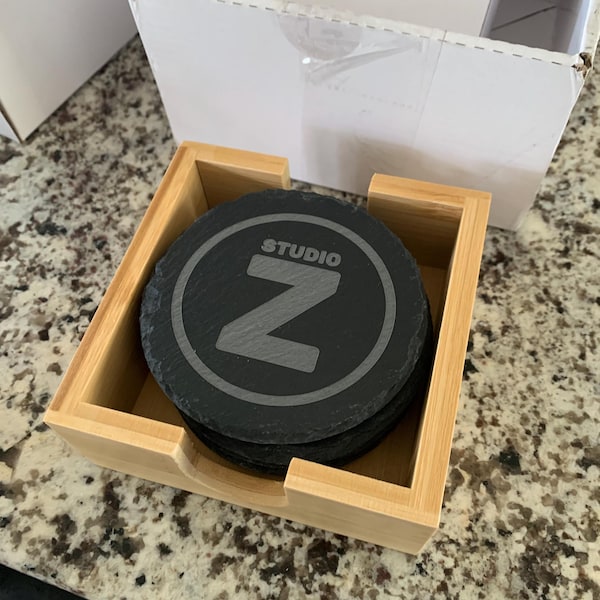Set of 4 Custom Logo Slate Coasters With Bamboo Coaster Holder ...