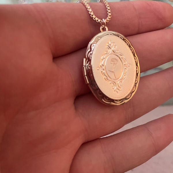 Birth Flower Locket Necklace, Locket Necklace With Photo, Engraved Oval ...