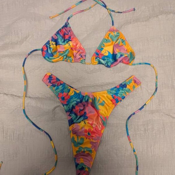 DEADSTOCK VINTAGE Inspired Bikini- Thong Style Green Floral Printed ...