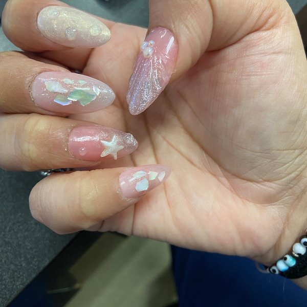 Hand-painted Free-style Seashell 3D Summer Almond Press on Nails ...