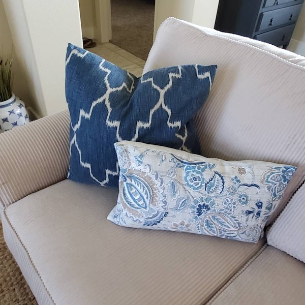 Hamptons Style Paisley Pillow Cover Blue and Limestone Grey Linen Rayon ...