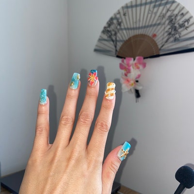 Stunning Acubi-style Nails Deep Blue Ombre Press on Nails Sparkling ...