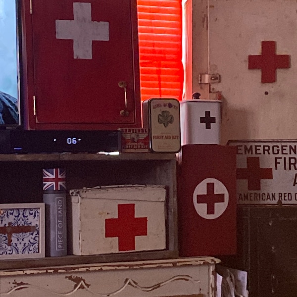 Distressed Red Medicine Cabinet - Handmade Painted White Cross First ...